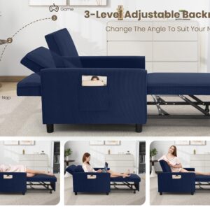 SEJOV Sleeper Chair, 4-in-1 Convertible Sleeper Sofa Bed with Adjustable Backrest, Corduroy Pull Out Chair Bed Single Recliner for Living Room, Bedroom, Apartment, Office, Small Space, Navy Blue