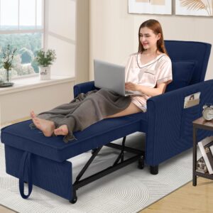 SEJOV Sleeper Chair, 4-in-1 Convertible Sleeper Sofa Bed with Adjustable Backrest, Corduroy Pull Out Chair Bed Single Recliner for Living Room, Bedroom, Apartment, Office, Small Space, Navy Blue