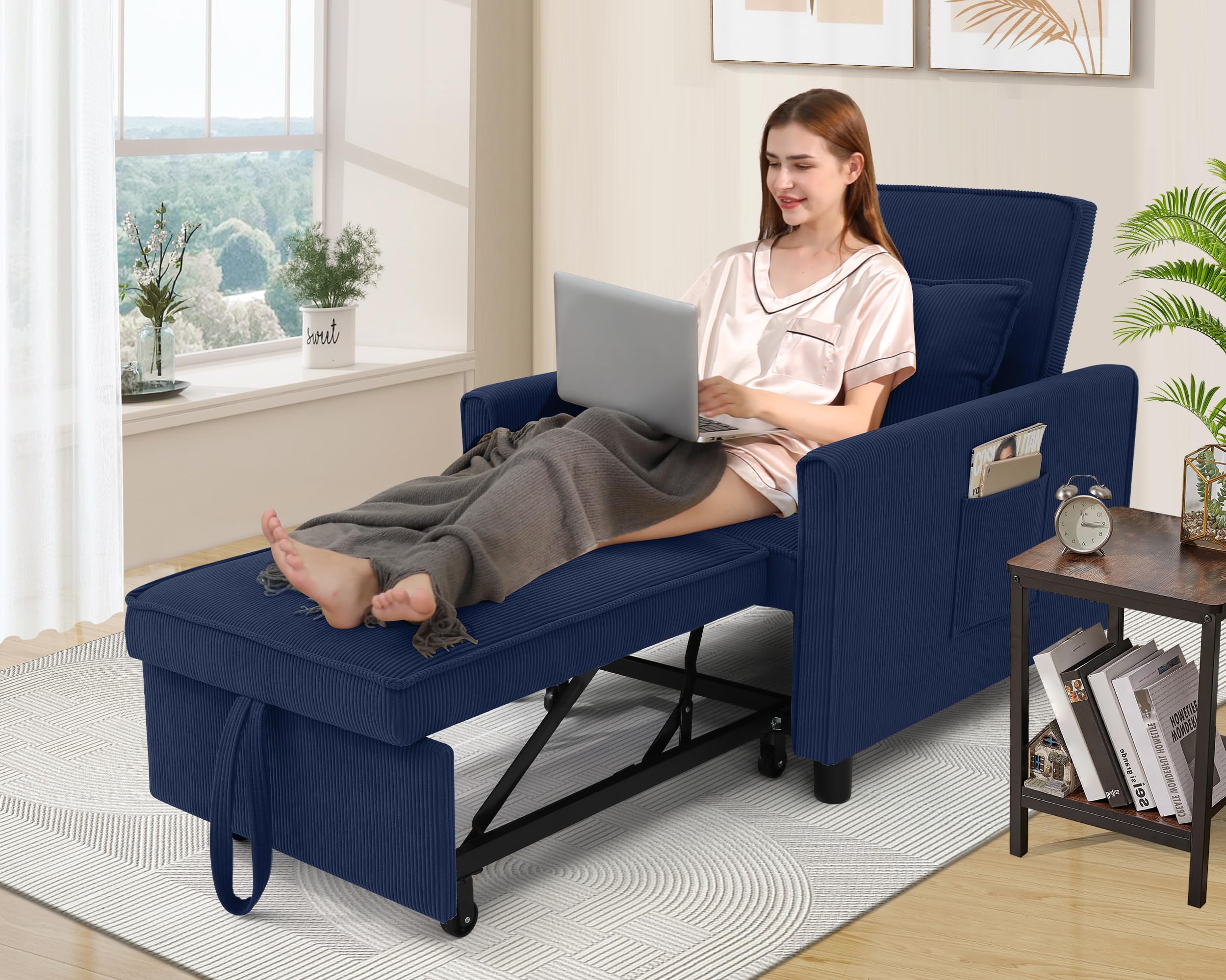 SEJOV Sleeper Chair, 4-in-1 Convertible Sleeper Sofa Bed with Adjustable Backrest, Corduroy Pull Out Chair Bed Single Recliner for Living Room, Bedroom, Apartment, Office, Small Space, Navy Blue