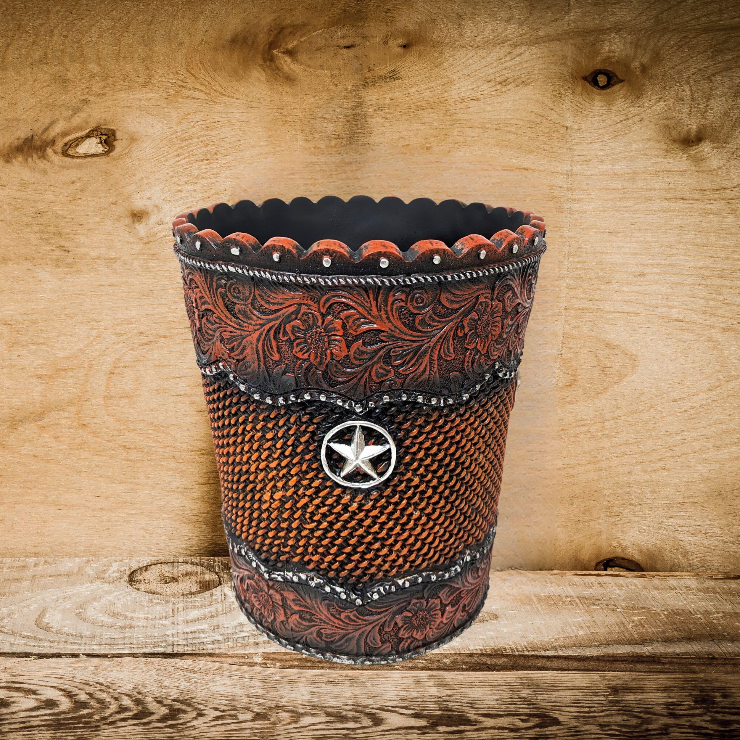 BestGiftEver Rustic Tooled Leather Look with Star Accent Resin Storage Bin | Western Multi-Purpose Home Decor for Bedrooms, Bathrooms, Living Rooms | Perfect for Cowboy Ranch Style Enthusiasts