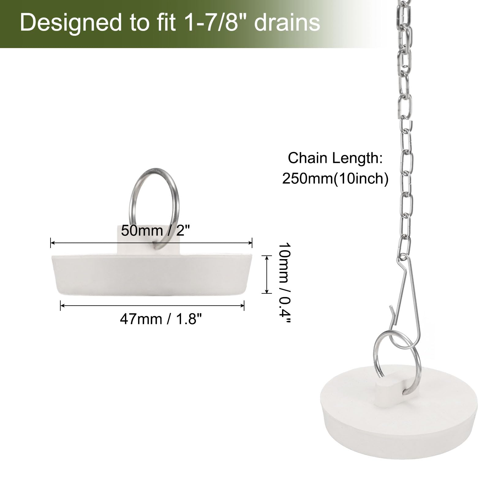 uxcell 2Pcs Tub Stoppers, Rubber Bathtub Stoppers 48-49mm Kitchen Sink Drain Stopper, Bathroom Drain Plug with Pull Ring and Stainless Steel Chain, White