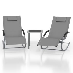 vortextove outdoor chaise lounge chairs set of 3,iron patio rocking chair set, including patio lawn rockers with coffee table and headrests, suitable for yard, patio, deck, and backyard. (gray)