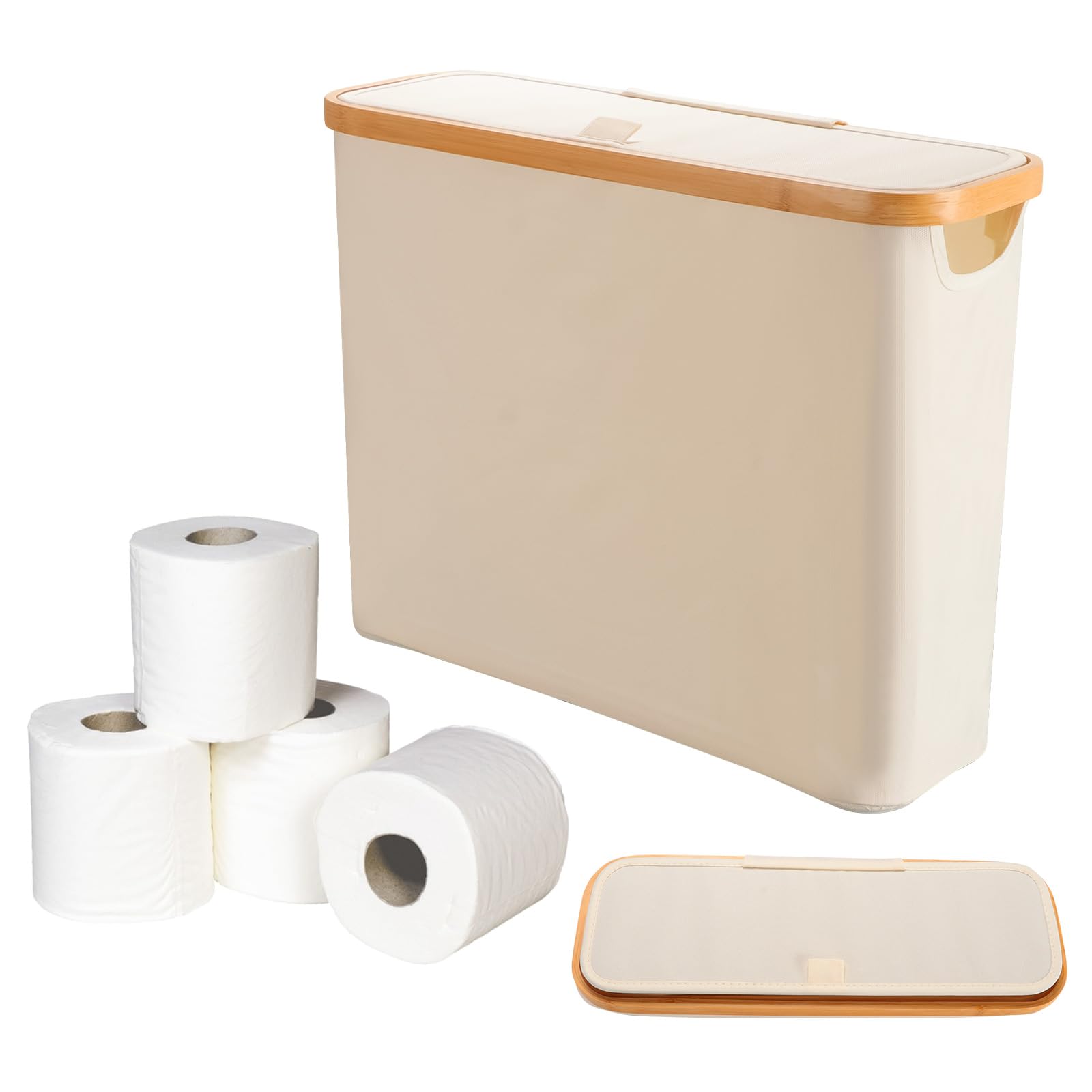 Toilet Paper Storage, Toilet Paper Basket with Lid and Handle, Free Standing Toilet Paper Holder Stand for 12 Mega Rolls, Toilet Paper Organizer for Bathroom, Bathroom Organizer Accessories (Beige)