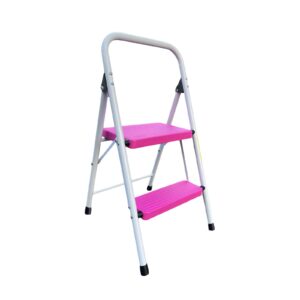 step ladder folding 2 step stool adult with wide & anti-slip pedals ergonomic portable steel ladder for household, kitchen, office 330lbs (pink, 2 step)