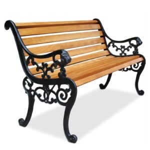 outdoor solid wood garden park bench for 2-3 people, weatherproof patio lawn bench porch seat with cast iron frame, porch/deck/patio furniture bench with backrest and armrests(teak+black chair legs,15