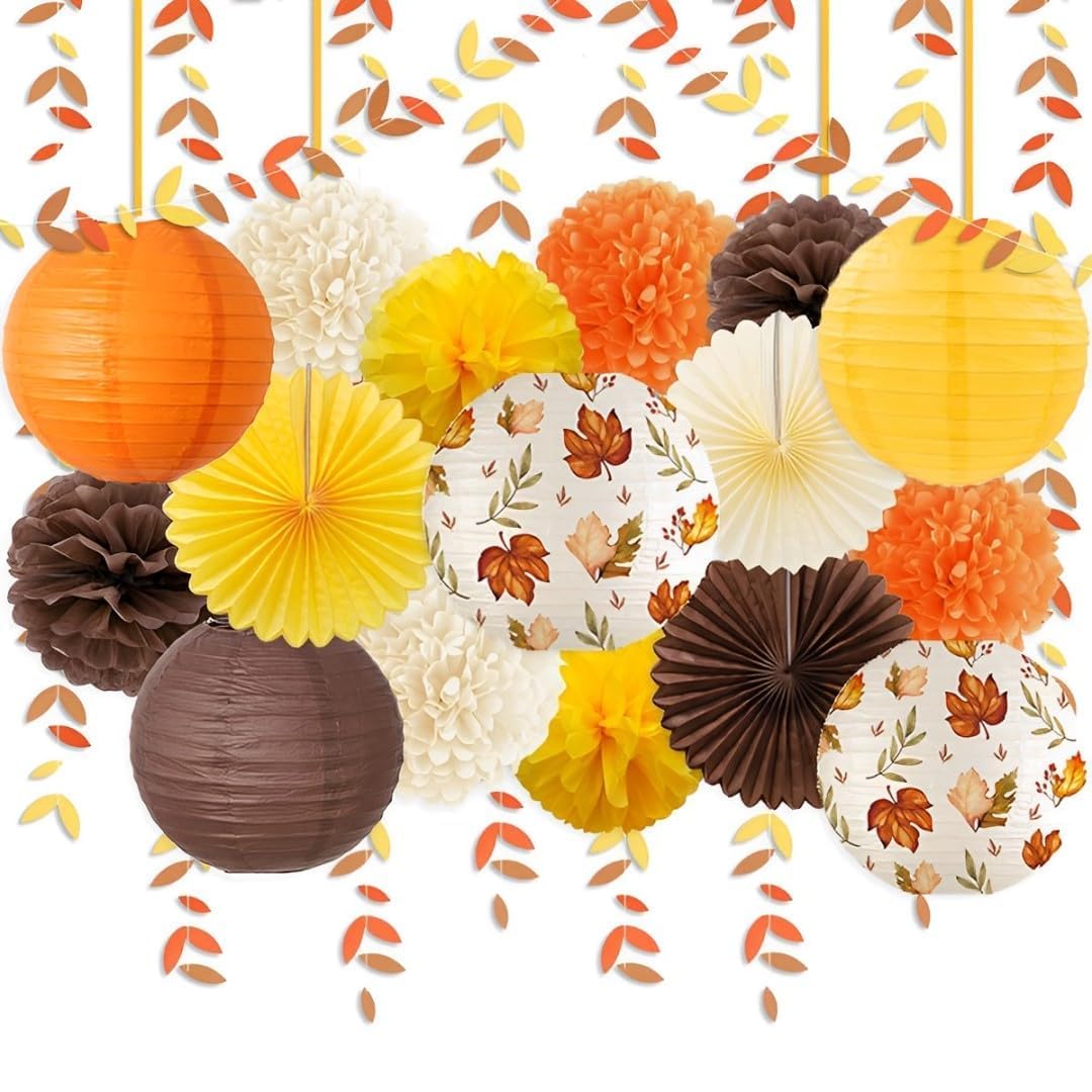 Fall Thanksgiving Party Decorations Set Brown Orange Paper Hanging Fans Maple Leaf Lantern Pom Pom Flowers with Autumn Leaves Pendant for Fall Festival Wedding Baby Shower Birthday Party Supplies