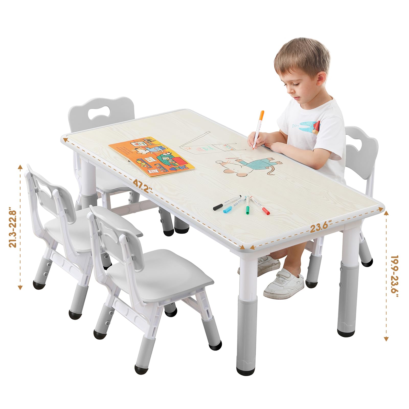 JIAOQIU Kids Table and Chair Set, Adjustable Kids Table, Toddler Non-Slip Table Legs&Organizer Graffiti Desktop Suitable for Kids Table and Chairs Ages 3-12