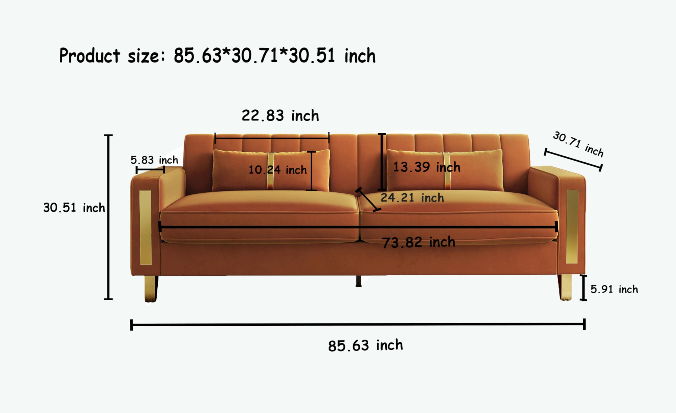 DOOSOODAA 2-Piece Loveseat Couch Set for Living Room, 86" Orange Velvet Sofa Couch with 4 Pillows & Gold Metal Legs, Modern Upholstered Sofa Set Love Seat Sectional Couches for Apartment Home Office