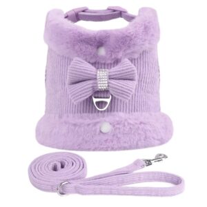 beirui cute small dog harness and leash set with bow tie, warm soft padded pet harness with removable fur collar, adjustable girl dog harness with quick release buckles for walking(purple,m)