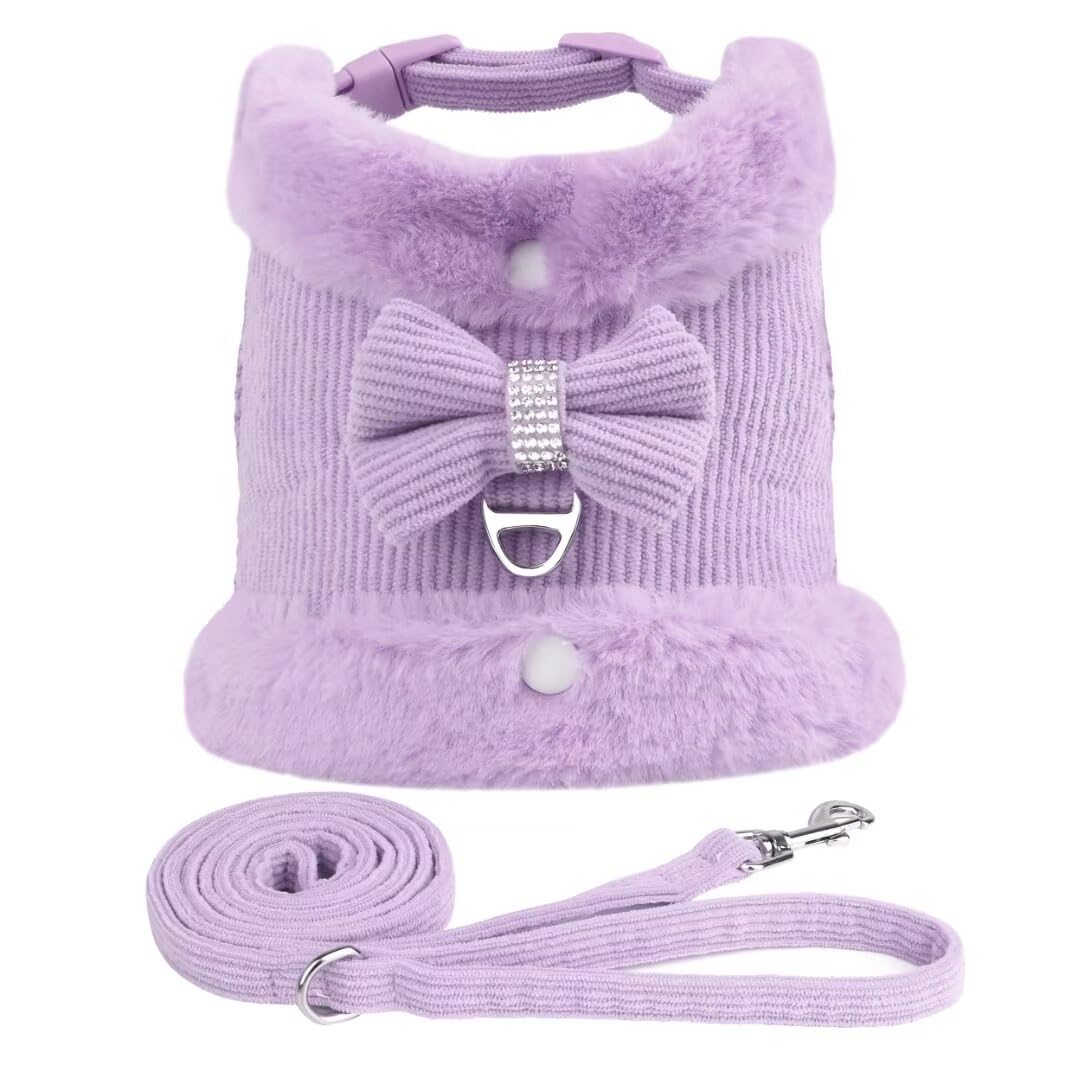 Beirui Cute Small Dog Harness and Leash Set with Bow Tie, Warm Soft Padded Pet Harness with Removable Fur Collar, Adjustable Girl Dog Harness with Quick Release Buckles for Walking(Purple,M)