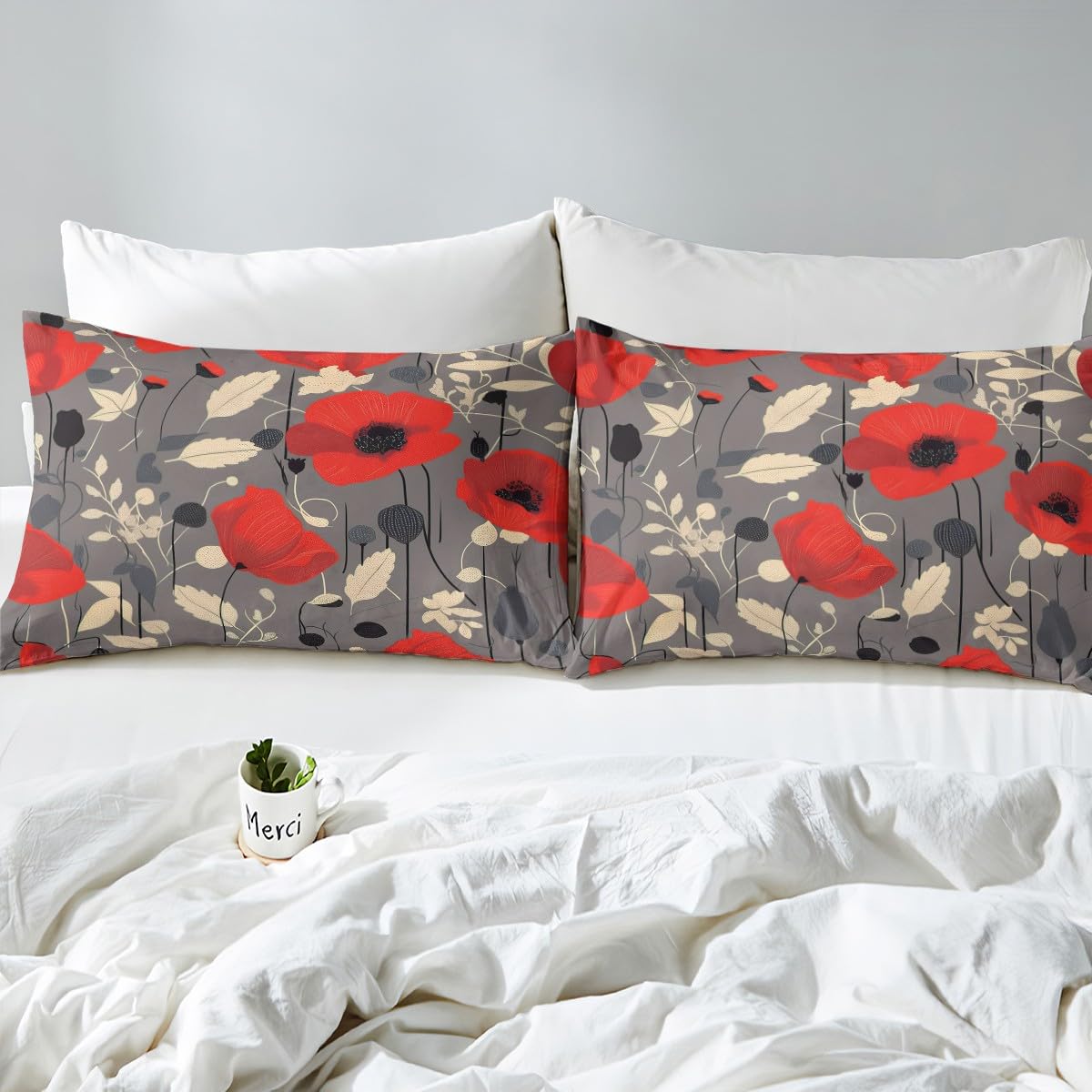 Feelyou Poppy Flower Bedding Set Queen Size Kids Garden Floral Bltanical Comforter Cover Set for Boys Girls Teens Red Poppy Leaves Duvet Cover Dark Grey Bedspread Cover (No Comforter)