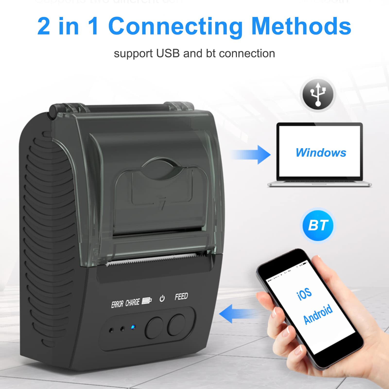 Receipt Printer,HXBER 58mm Portable Mini Thermal Receipt Printer USB & BT Connection 2 inches Wireless Printer with 1 Roll Paper Inside Compatible with iOS Android Windows for Restaurant Sales Retail