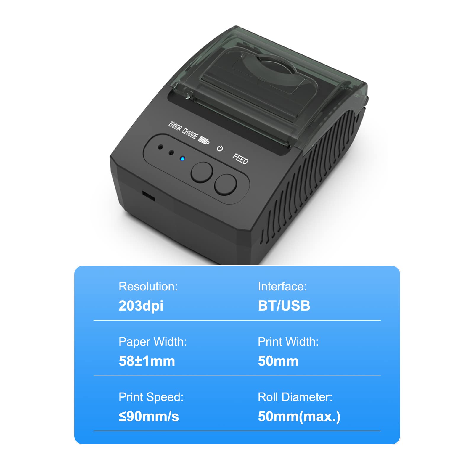 Receipt Printer,HXBER 58mm Portable Mini Thermal Receipt Printer USB & BT Connection 2 inches Wireless Printer with 1 Roll Paper Inside Compatible with iOS Android Windows for Restaurant Sales Retail