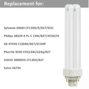 SATZOL 2700K G24Q-2 PLC-18W 827 4 Pin Base Compact Fluorescent Light Bulb, Replacement for Sylvania 20683 and Philips 38329-9 - PL-C 18W/827/4P/ALTO, GE97594 and Satco S6734 (Warm White 2700K)