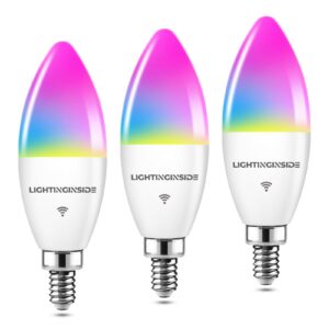 lightinginside e12 smart light bulb 60w equivalent, 500lm 6w wifi candle candelabra led bulb compatible with alexa/google assistant, color changing, no hub required, 2.4ghz wifi only, etl listed, 3pcs