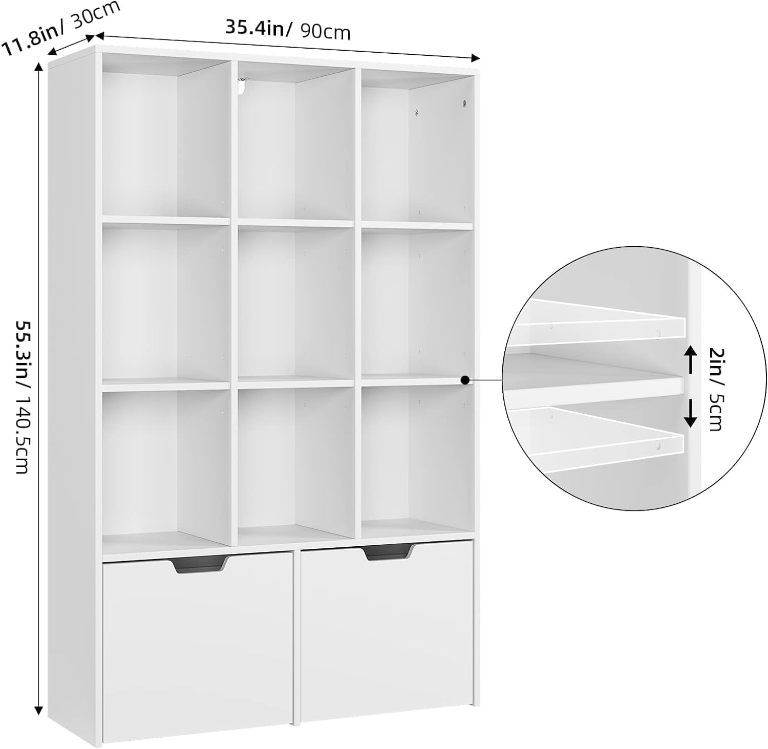 GAOMON 9 Cube Storage Organizer with Drawers, White Tall Bookshelf with Storage, Wooden 3-Tier Open Freestanding Shelf, for Kids Room, Living Room, Office, Bedroom