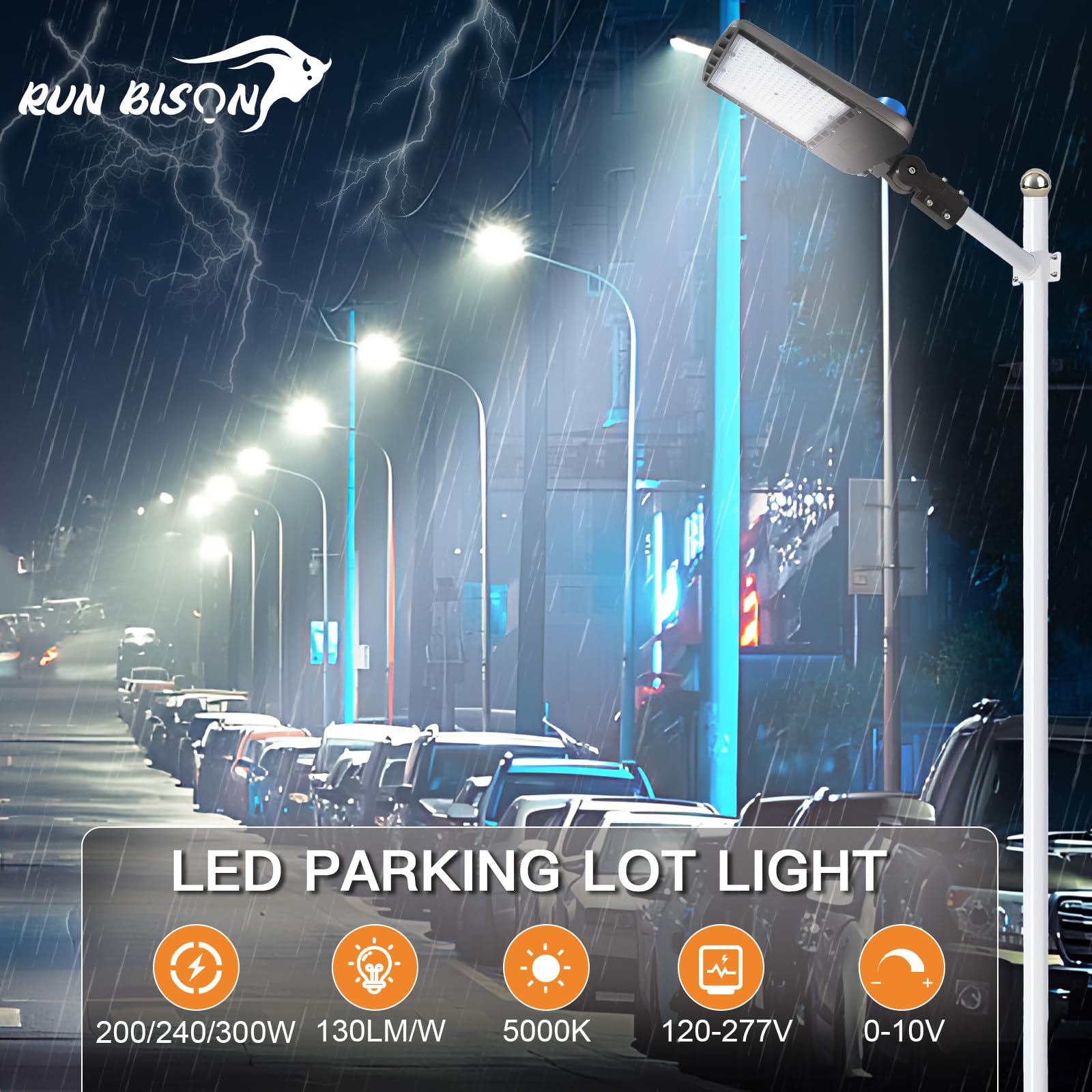 Run Bison LED Parking Lot Light 300W/240W/200W Adjustable, 39000LM 5000K Adjustable Arm Mount LED Street Light with Dusk to Dawn Photocell, 100-277V IP65 Waterproof Shoebox Light for gym-2PK