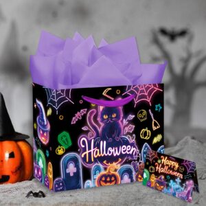 duludulu Purple 13" Large Halloween Bags Cat Pumpkins Halloween Bag with Card and Purple Tissue Paper for Kids Adults Halloween Party Birthday Bag Supplies