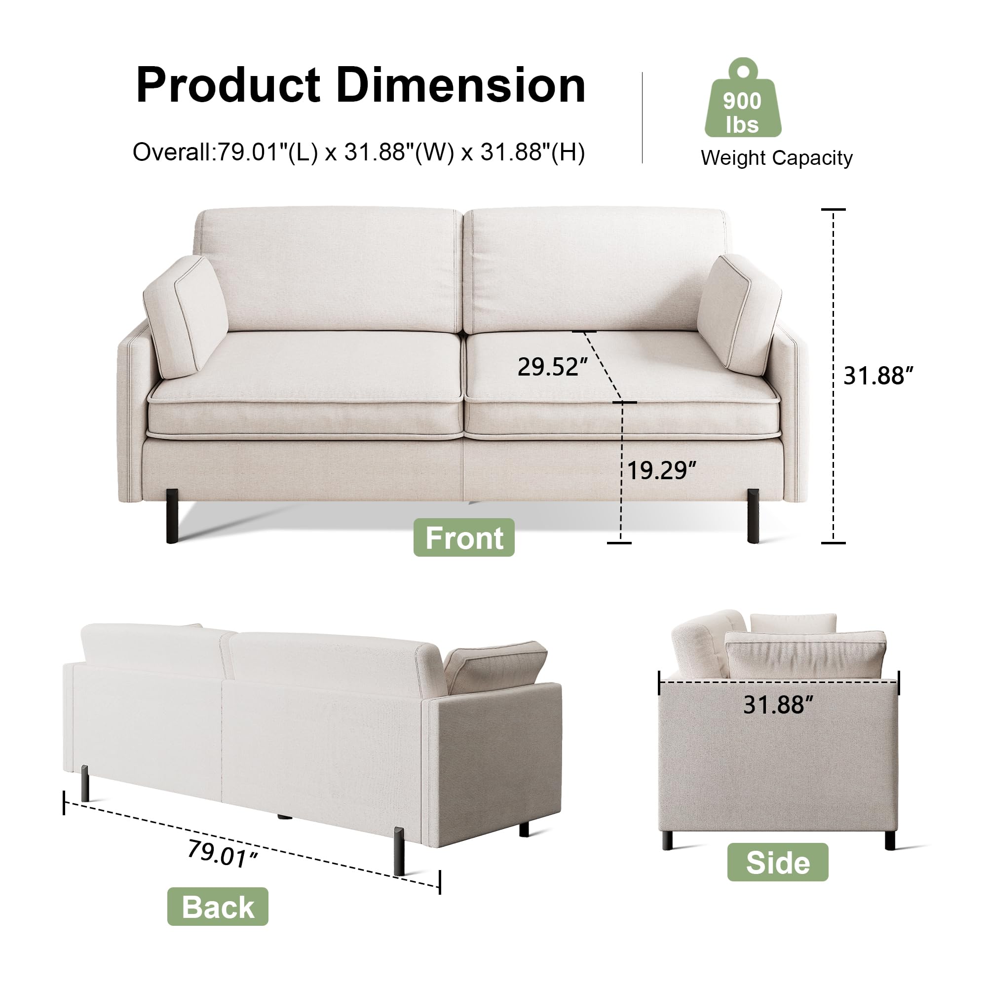 Feonase 79" Comfy Sofa Couch, Modern Linen Loveseat with 2 Pillows, Solid Wood Frame & Metal Legs, Perfect for Living Room, Bedroom, Small Space, Easy Assembly, Easy Maintain, Beige