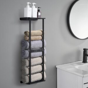 ULUPJ Wall-Mounted Towel Racks for Bathroom, Matte Black 31.5 Inch Towel Storage Rack - 7 Large Rolled Towels Holder, Space-Saving, Top Shelf for Additional Storage