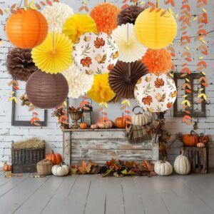 Fall Thanksgiving Party Decorations Set Brown Orange Paper Hanging Fans Maple Leaf Lantern Pom Pom Flowers with Autumn Leaves Pendant for Fall Festival Wedding Baby Shower Birthday Party Supplies