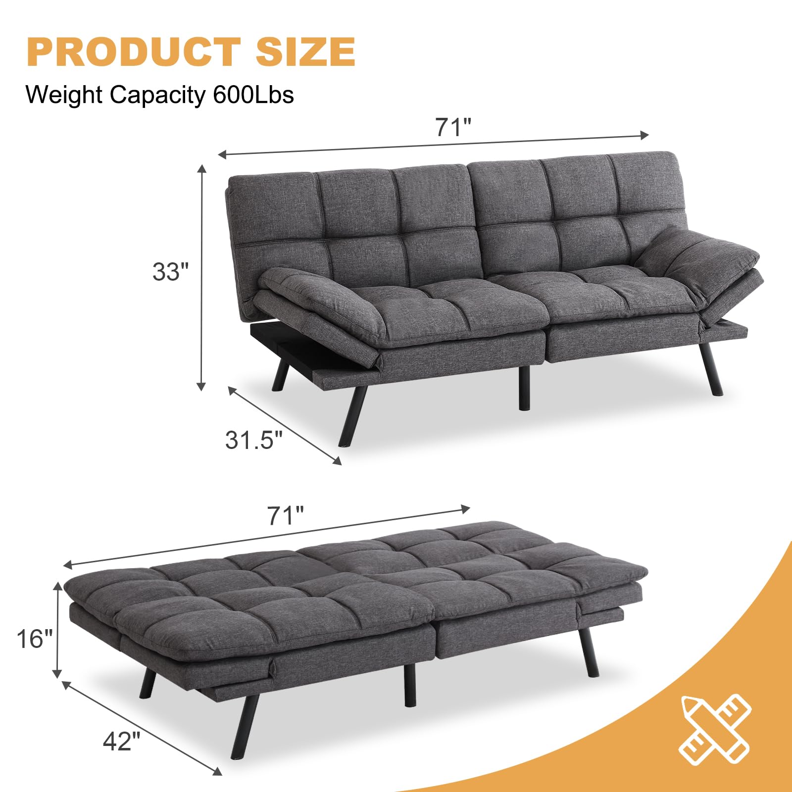 Futon Sofa Bed Couch ，Convertible Modern Sleeper Love Seat,Memory Foam Daybed for Living Room,Office,Apartment,Adjustable Backrests & Armrests,71" Sofabed,Dark Gray.