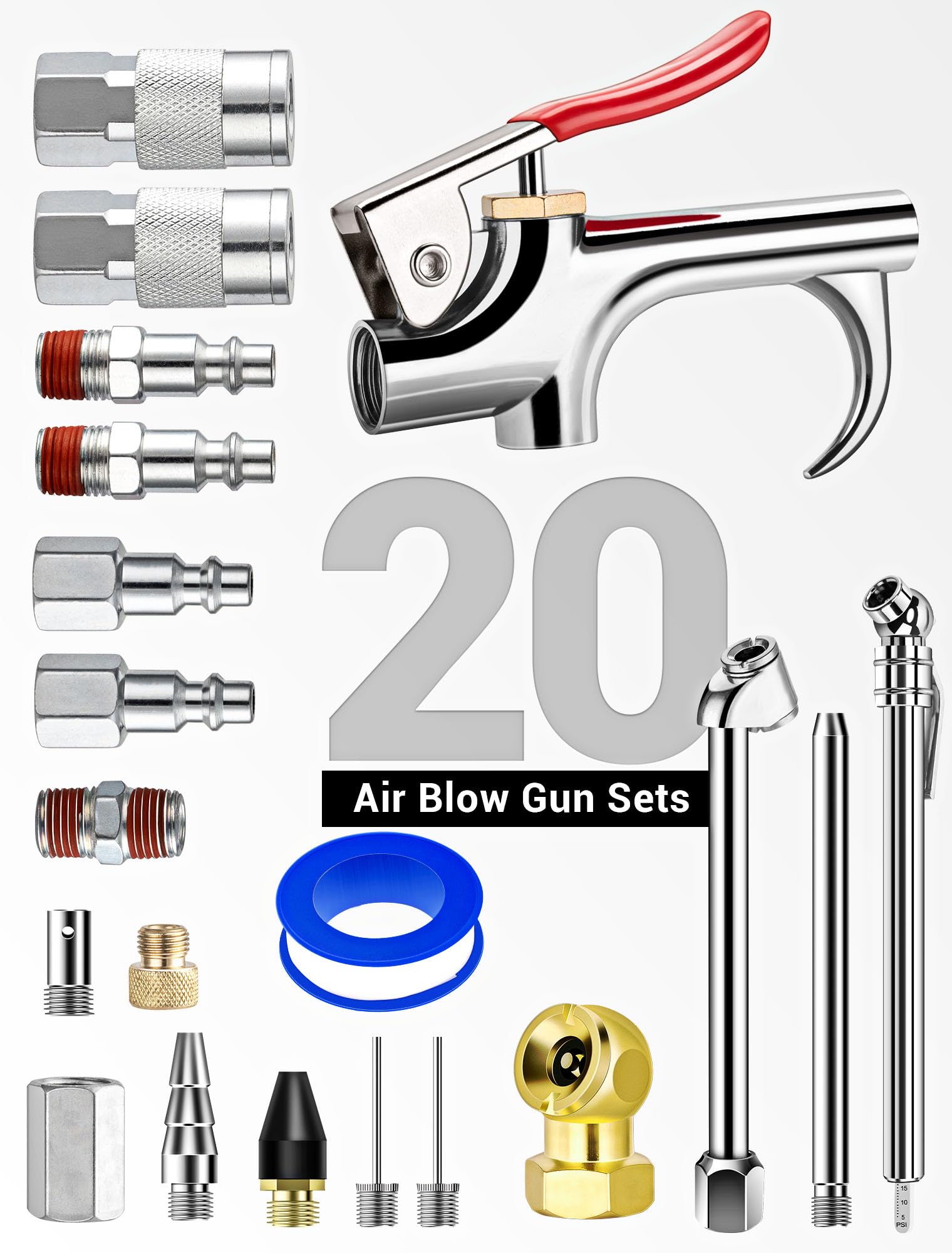 SARDVISA 20 Pcs Air Tool Kit, Air Compressor Kit with 1/4" NPT Quick Connect Coupler & Plug/Tire Air Chucks/Tire Gauge/Air Nozzles/Air Hose Fittings, Pneumatic Tools for Air Compressor Accessories