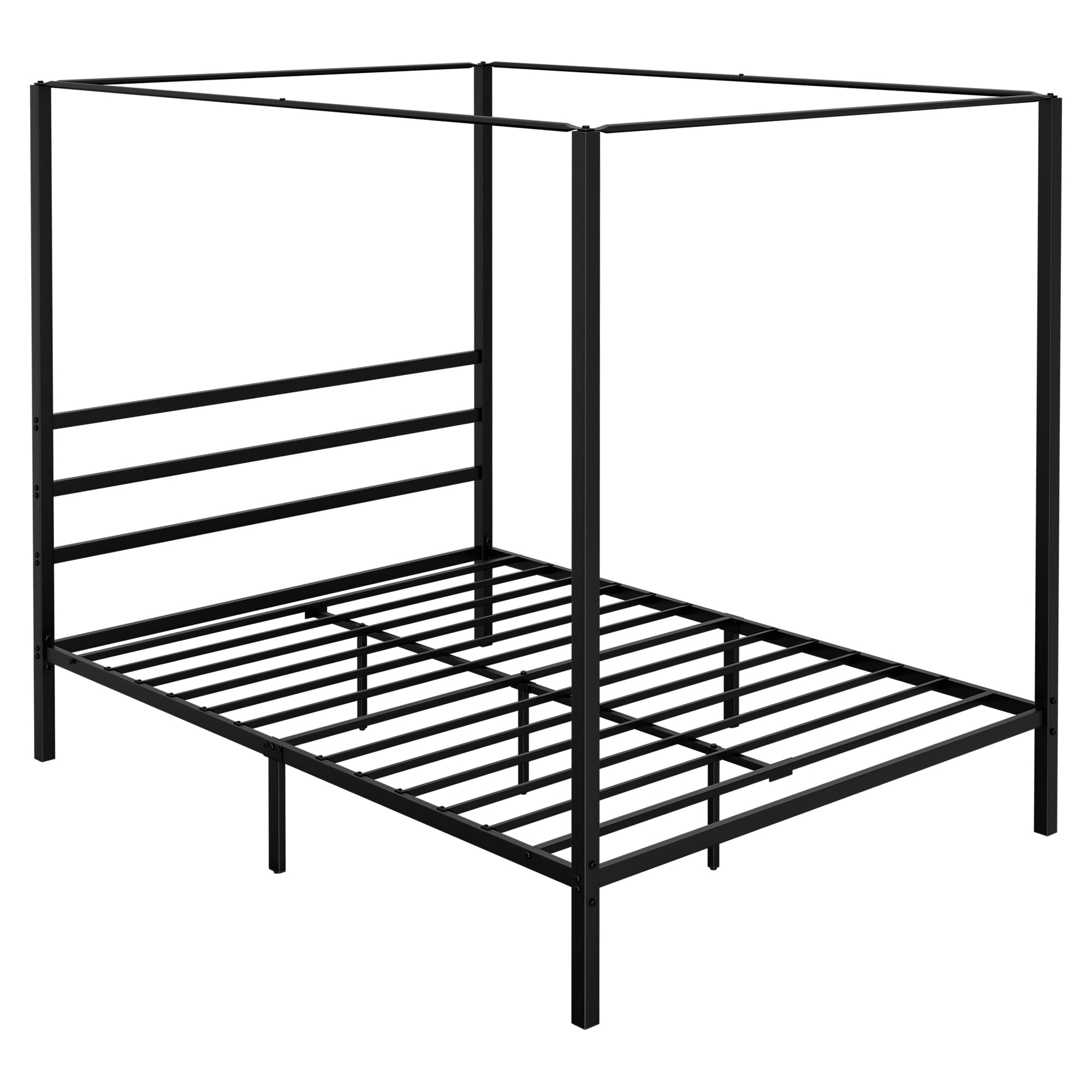 SUPER DEAL Metal Canopy Bed Frame Queen Size Four Poster Bedframe with Built-in Headboard 14 Inch Platform Mattress Foundation Sturdy Slatted Structure No Box Spring Needed Easy Assembly, Black