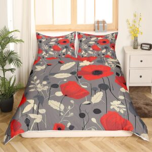 Feelyou Poppy Flower Bedding Set Queen Size Kids Garden Floral Bltanical Comforter Cover Set for Boys Girls Teens Red Poppy Leaves Duvet Cover Dark Grey Bedspread Cover (No Comforter)