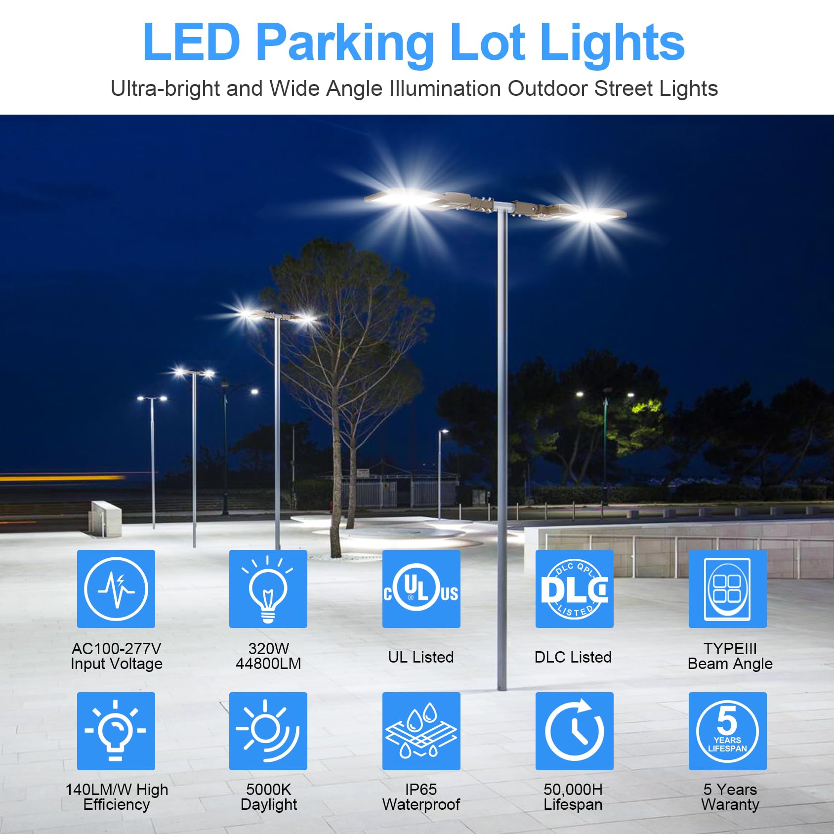 YELLORE 2 Pack 320W LED Parking Lot Light 44,800LM UL DLC Listed LED Shoebox Pole Light with Slip Fitter 5000K Flood Lights Outdoor IP65 Waterproof Commercial Street Light 100-277VAC