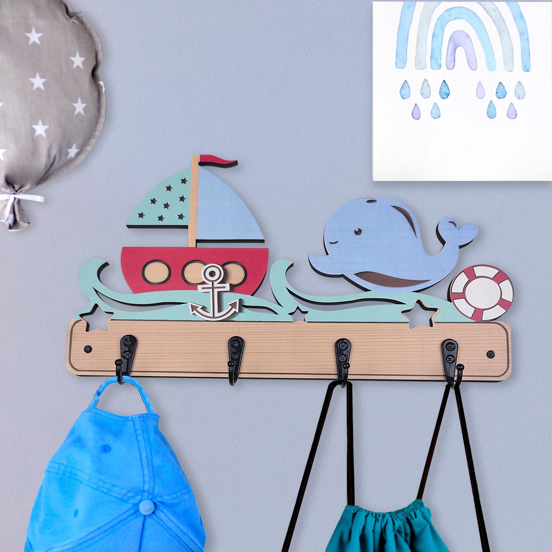 Midrean Cute Wooden Kids Nursery Coat Rack Colorful Wall Mount Hooks -13.7" Long for Children's Room Hanging Towels Hook