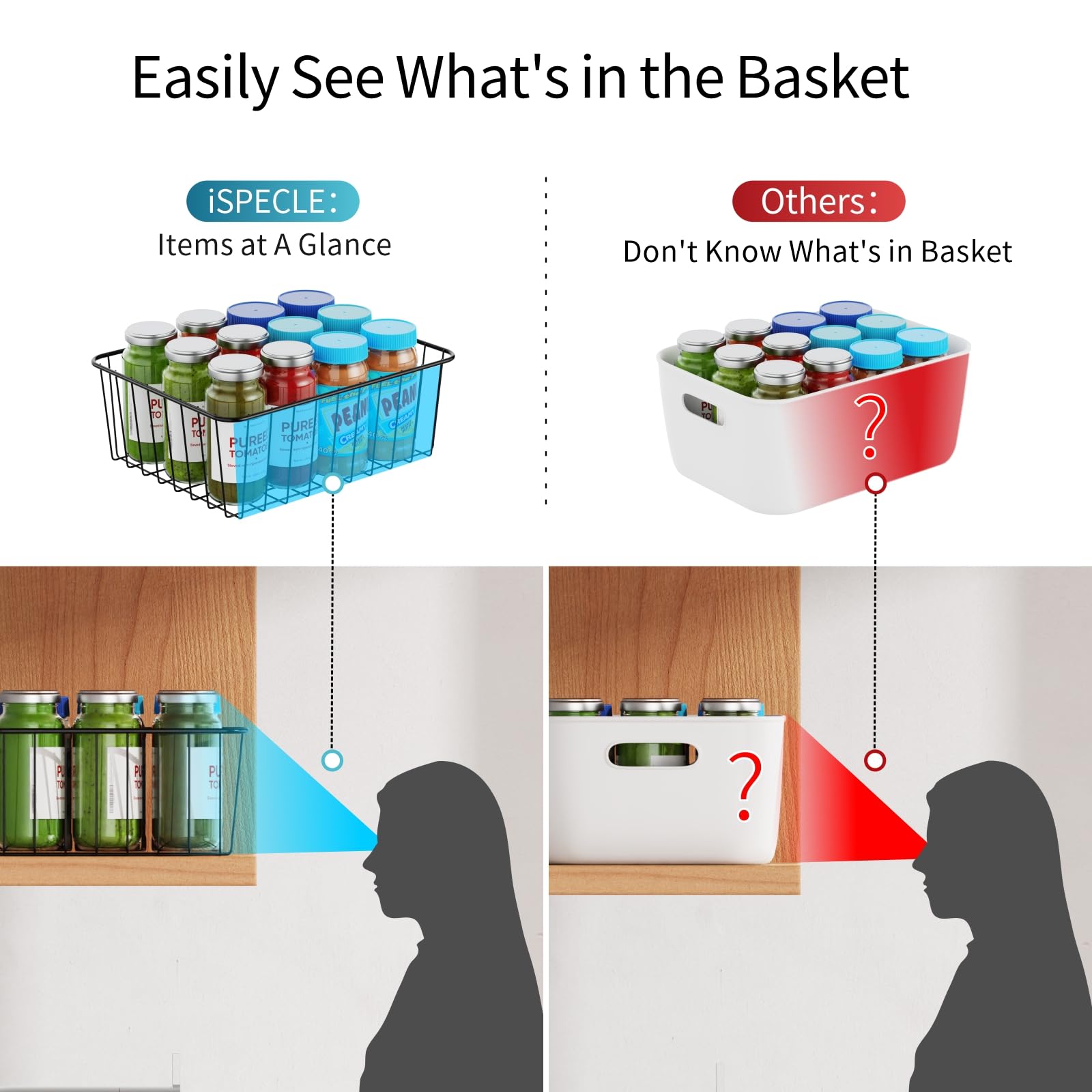 iSPECLE 4 Pack Cabinet Baskets - 2 Pack Under Shelf Baskets and 2 Pack Wire Baskets Add Storage Space, Easily Install with Adhesive for 15" and 30" Upper Cabinet, Wire Storage Basket Easy to Get Items