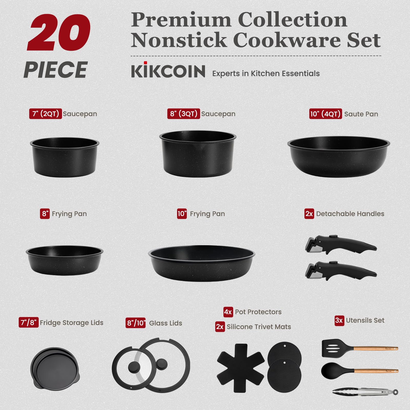 KIKCOIN 20 Pcs Pots and Pans Set Non Stick, Detachable Handle Cookware Sets Nonstick, Non Toxic Induction RV Kitchen Cooking Set with Removable Handles, Dishwasher/Oven Safe, Easy Clean (Black)