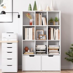 gaomon 9 cube storage organizer with drawers, white tall bookshelf with storage, wooden 3-tier open freestanding shelf, for kids room, living room, office, bedroom