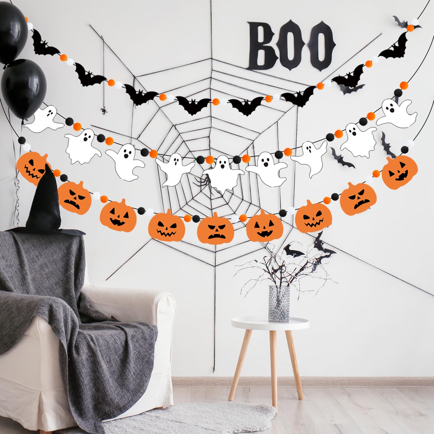 Doumeny 3Pcs Halloween Felt Garland Ghost Bat Felt Banner Pumpkin Pom Pom Garland Halloween Black Orange White Ball Garland Felt Halloween Hanging Banner for Halloween Party Fireplace Home Decor