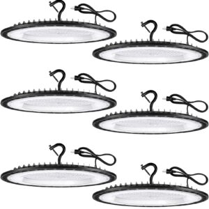 yanycn 6 pack 400w ufo led high bay light fixture,120v,5000k daylight commercial shop bay lighting,61000lm,[1750w mh/hps equiv.] us plug area lighting for warehouse/barn/gym/factory/workshop/garage