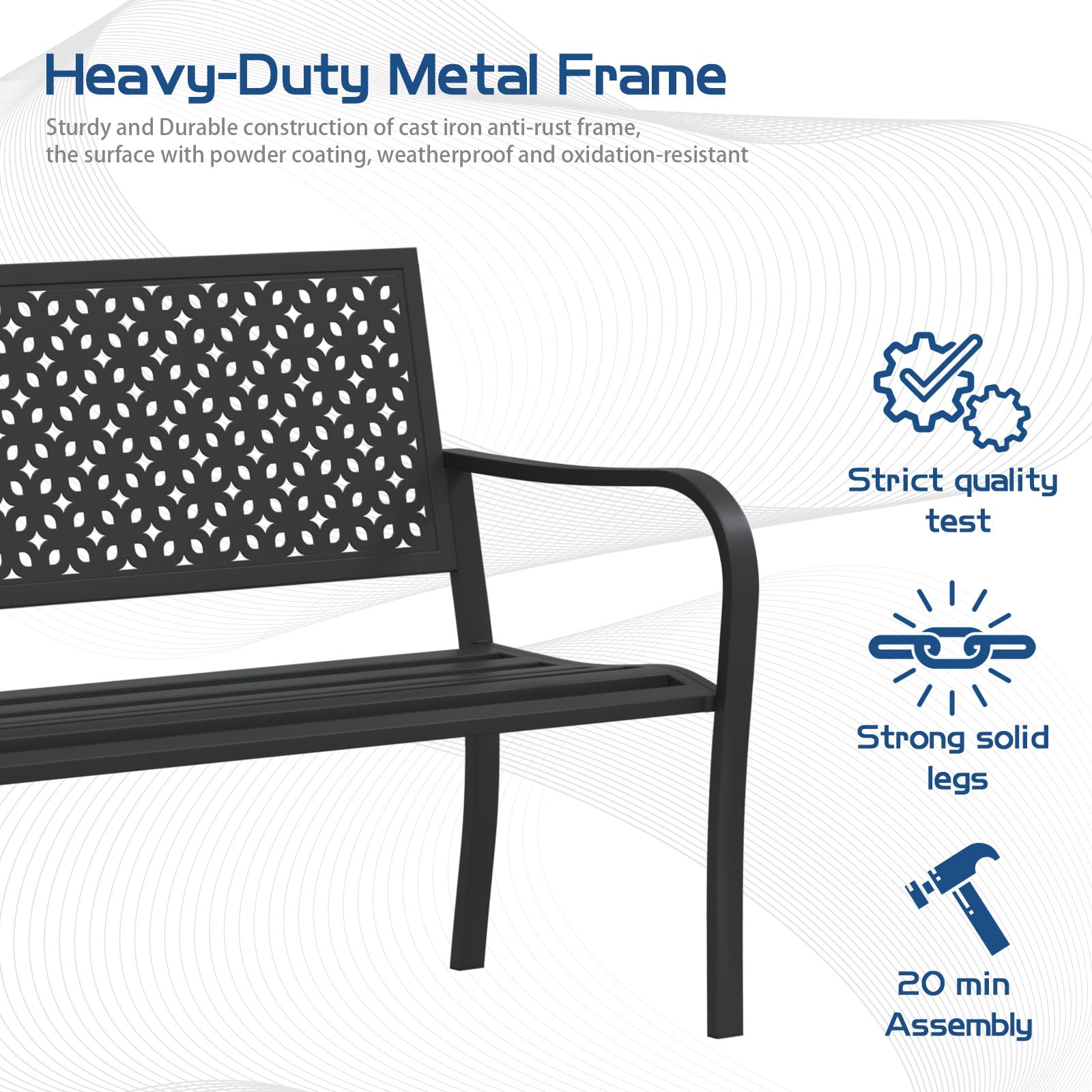 Maemttes 50 Inch Heavy-Duty Outdoor Bench, Metal Weatherproof Garden Bench with Decorative Backrest Anti-Rust Cast Iron Patio Bench for Park, Porch…