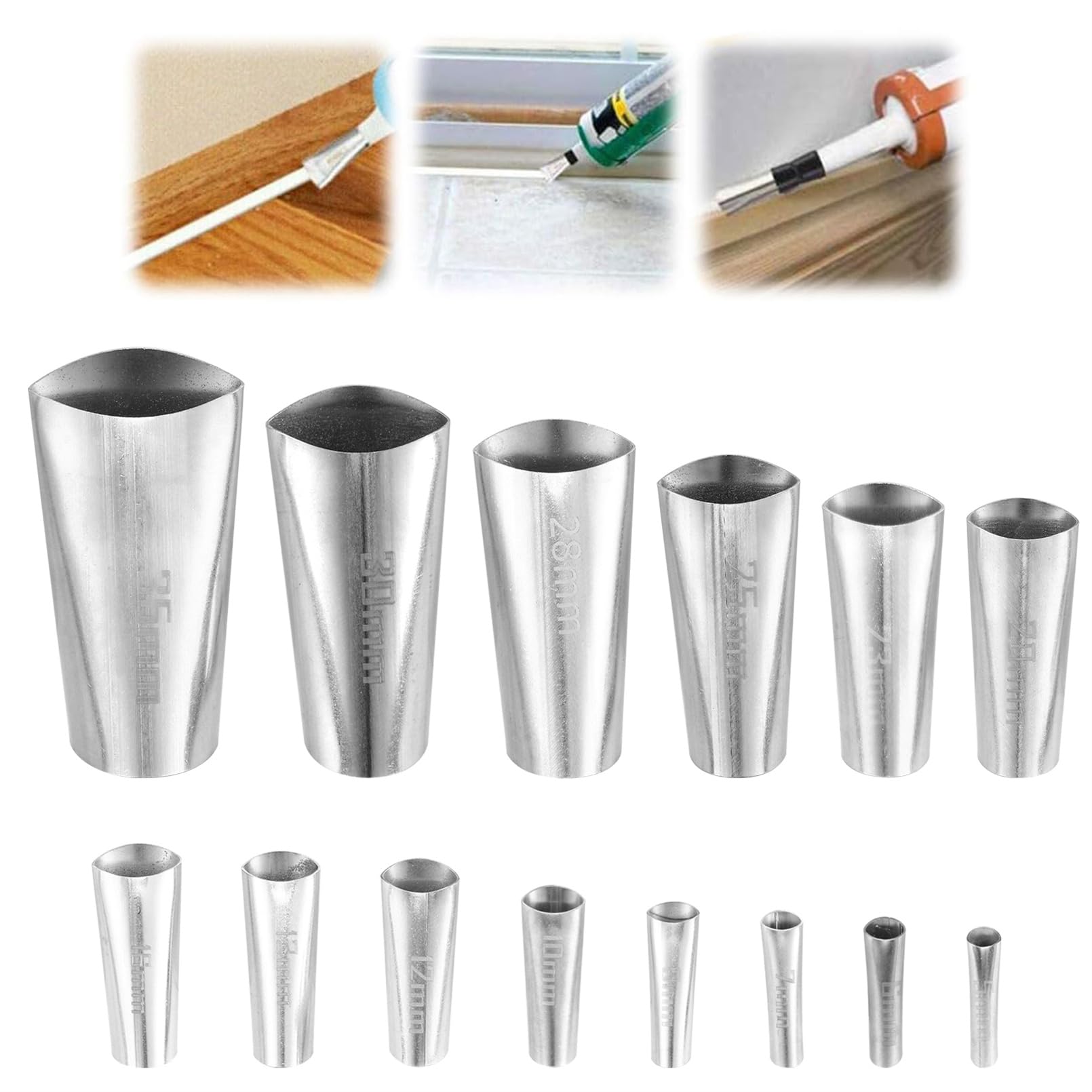 One Set of One-Piece Stainless Steel Nozzles 14pcs Universal Integrated Nozzle Tool Kit Reusable Stainless Steel Caulking Nozzle Set Various Sizes Cartridge Tips for Windows Tiles Washbasins