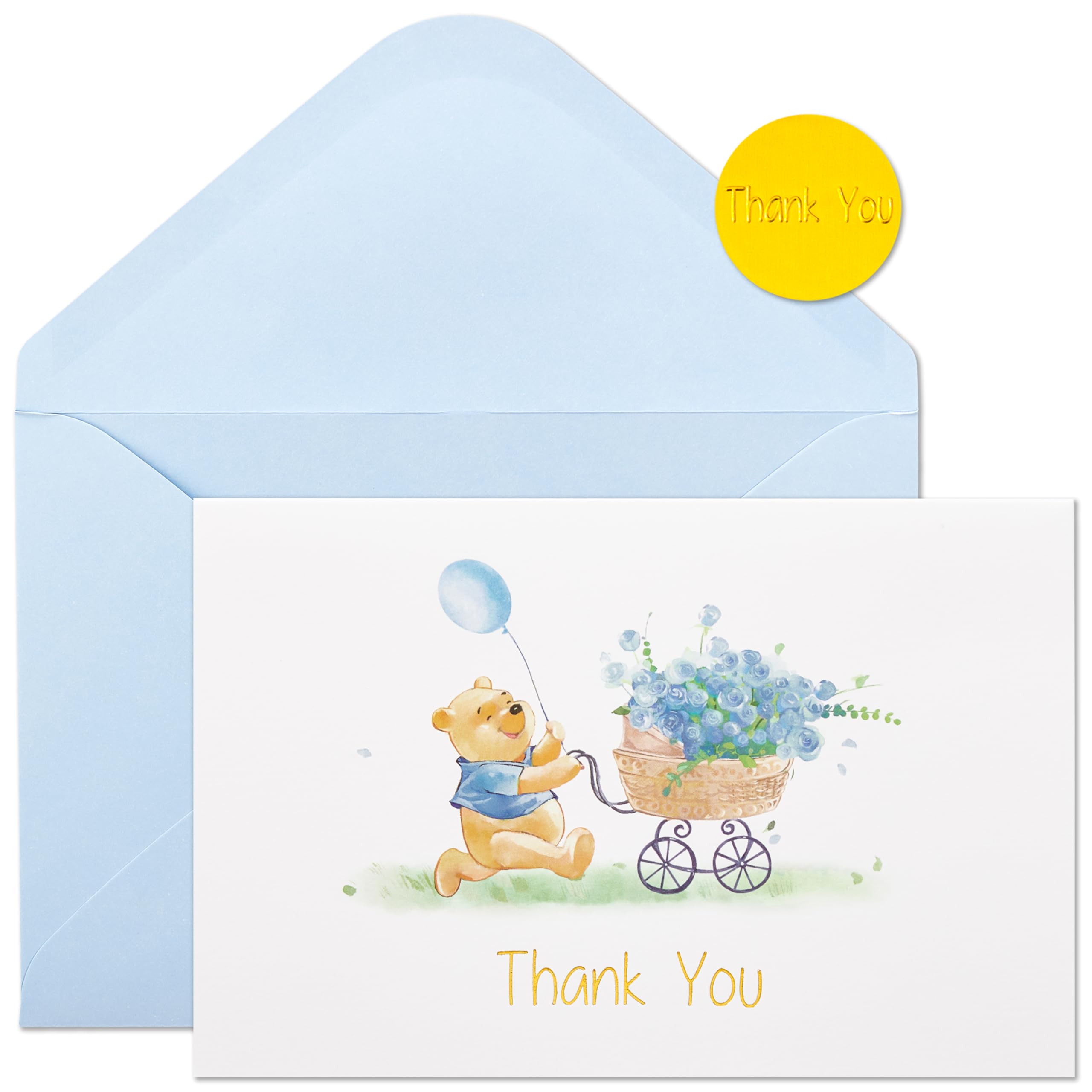 Crisky Baby Shower Blue Gold Foil Thank You Cards with Envelopes 50 Pack Greeting Notes Bulk (Cute Bear with Baby Carriage)