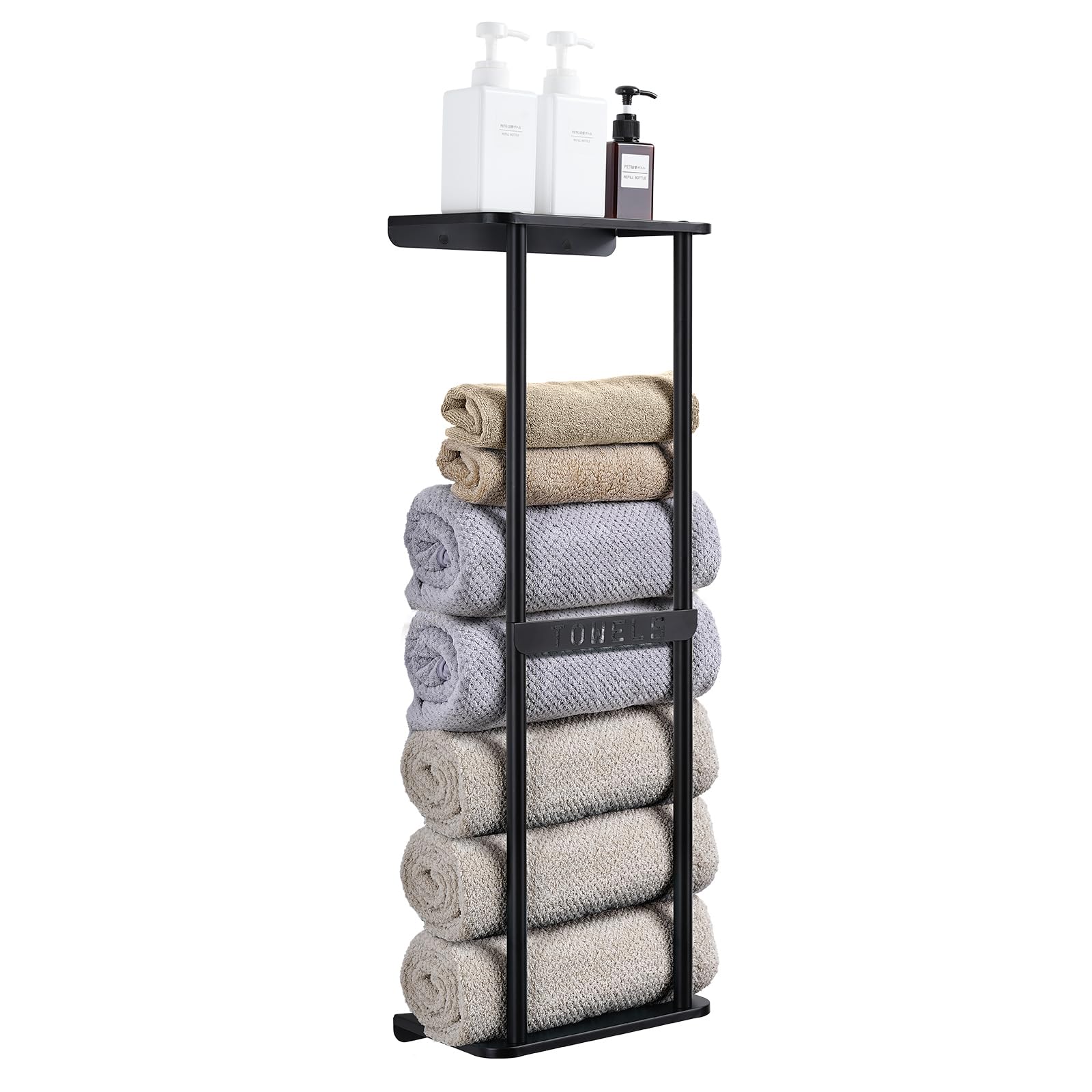 ULUPJ Wall-Mounted Towel Racks for Bathroom, Matte Black 31.5 Inch Towel Storage Rack - 7 Large Rolled Towels Holder, Space-Saving, Top Shelf for Additional Storage