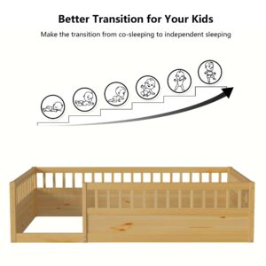 Bocarali Twin Size Montessori Floor Bed, Wood Floor Bed with High Fence, Twin Montessori Bed Frame for Kids Boys Girls, Natural, 78.5" L x 41.4" W x 19.6" H