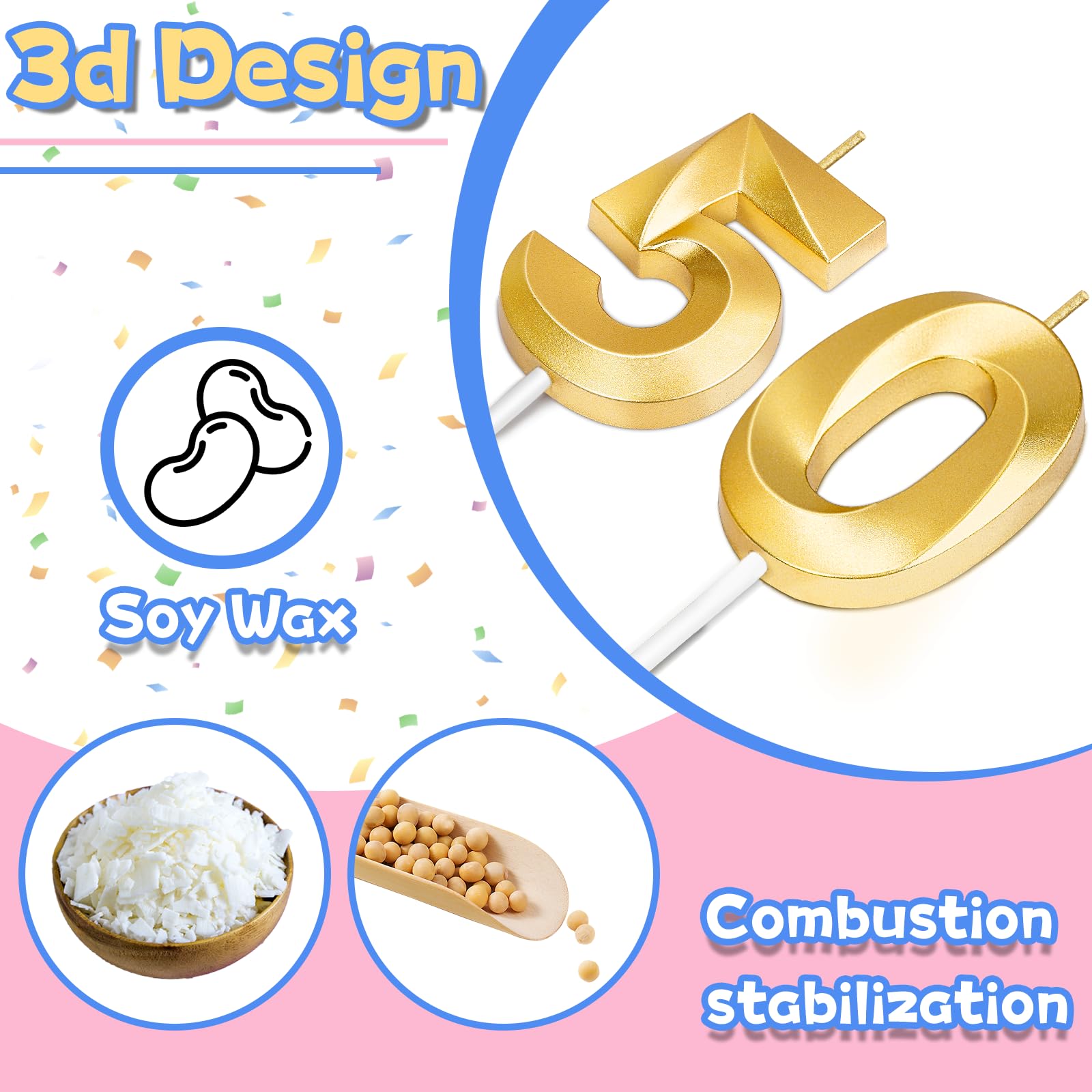 50th Birthday Candles for Cake,Gold Number Candles for Happy Birthday Cake Toppers,Birthday Decorations for Her Him Party Anniversary Wedding