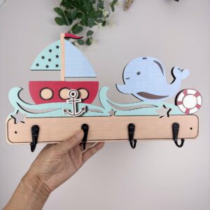 Midrean Cute Wooden Kids Nursery Coat Rack Colorful Wall Mount Hooks -13.7" Long for Children's Room Hanging Towels Hook