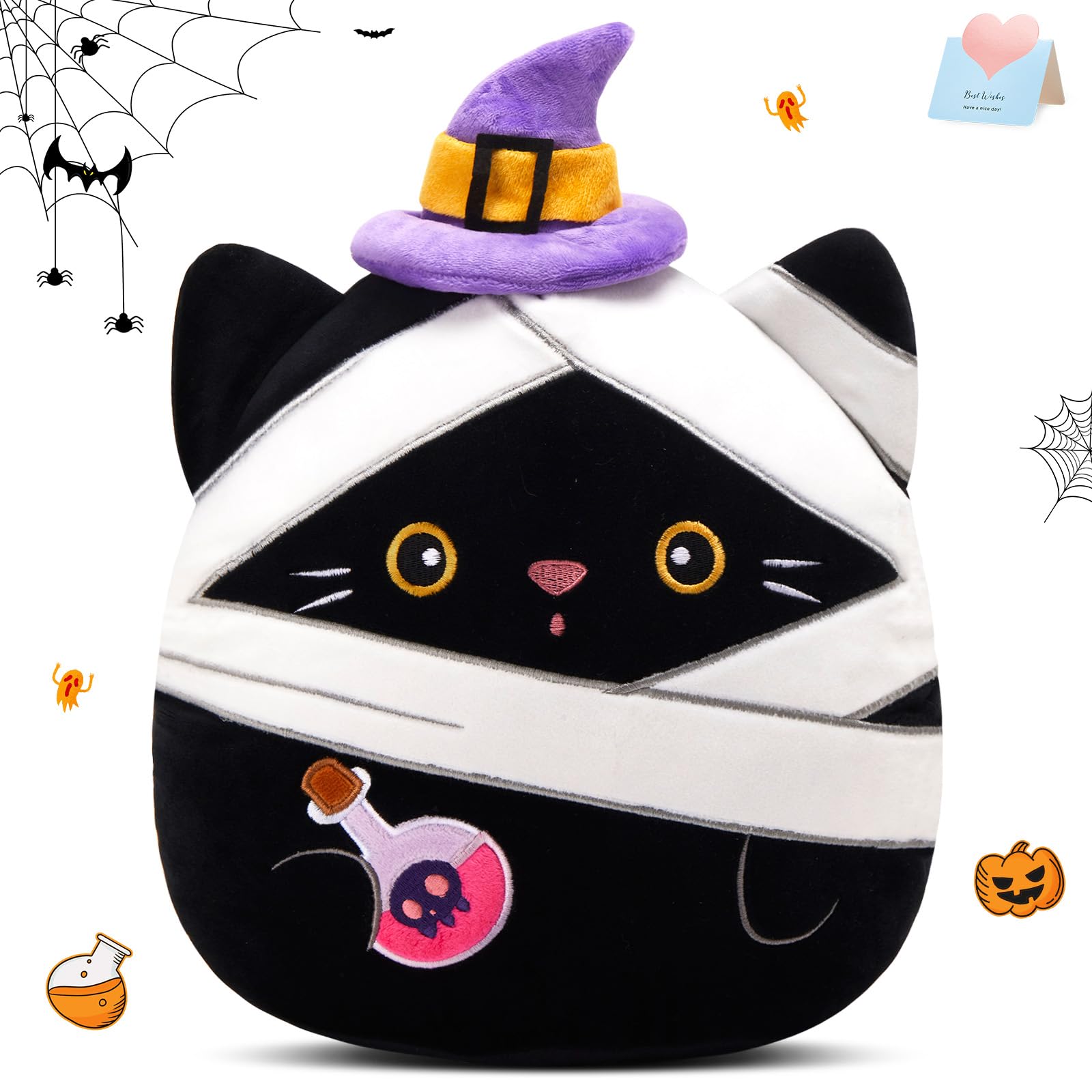 Houwsbaby 12" Halloween Black Cat Plush Pillow with Witch Hat and Poison Bottle, Creative Kitty Stuffed Animal,Soft and Spooky Decoration for Toddler Kids Boys Girls