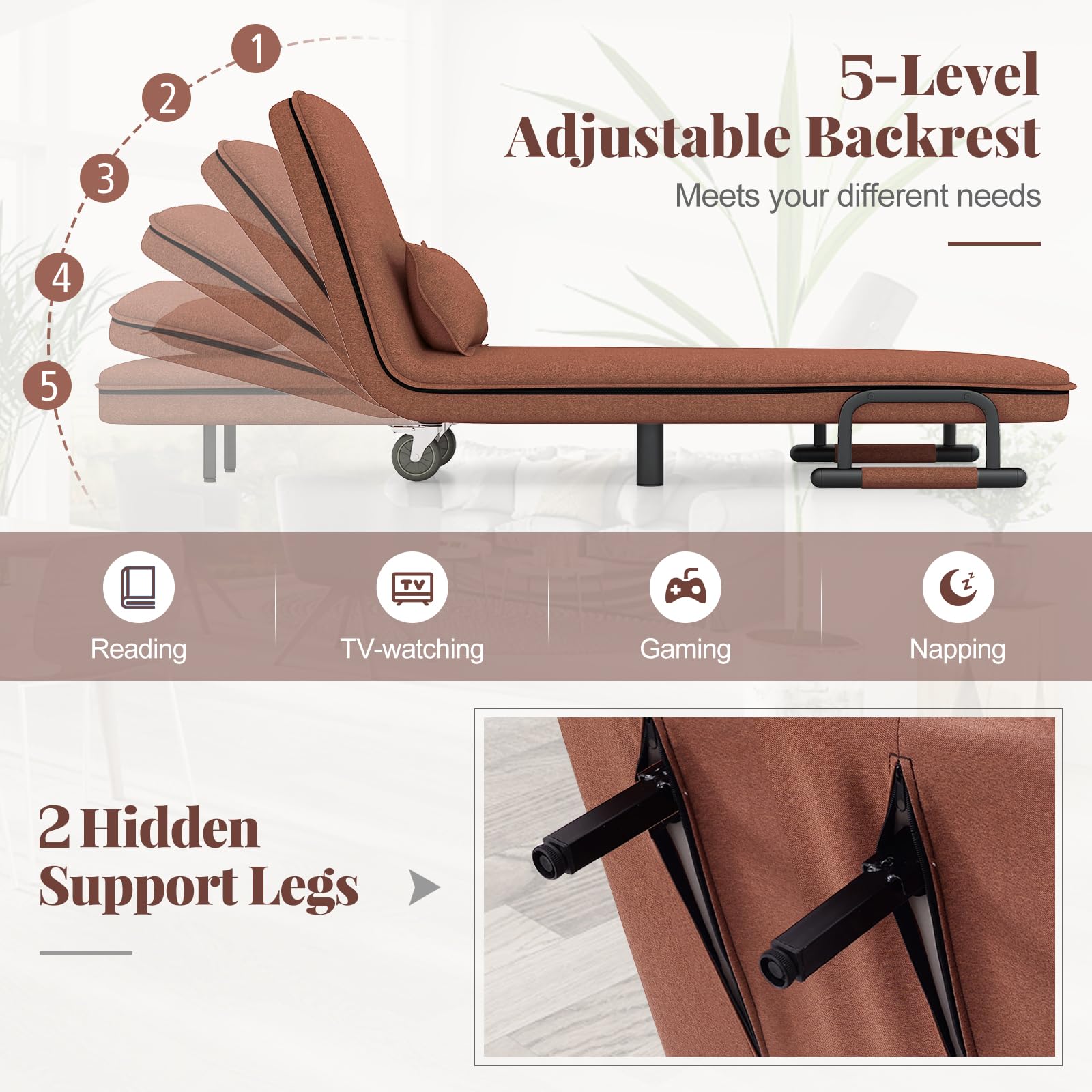 Giantex Convertible Sofa Bed, 3-in-1 Folding Sleeper Chair with 5-Position Adjustable Backrest, Wheels, 2 Legs, Recliner Chaise Lounge with Pillow, Armchairs for Nursery Living Room Office (Brown)