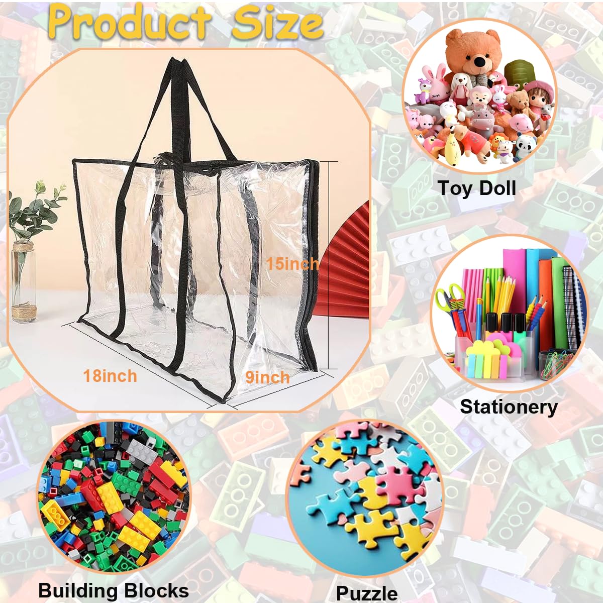 3 Packs Extra Large Bin and Chest Organizer Bags 18×15×9" Toy Storage Bags, Clear Toy Bags Toy Organization Case, Reusable PVC Hand Bags with Zippered for Board Games, Crafts, Blocks, Puzzle, Black