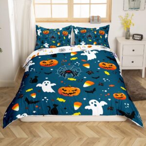 erosebridal happy halloween bedding set king size, ghost gothic style duvet cover pumpkin candies comforter cover for kids boys teens adult, spider bat reptile quilt cover, dark blue