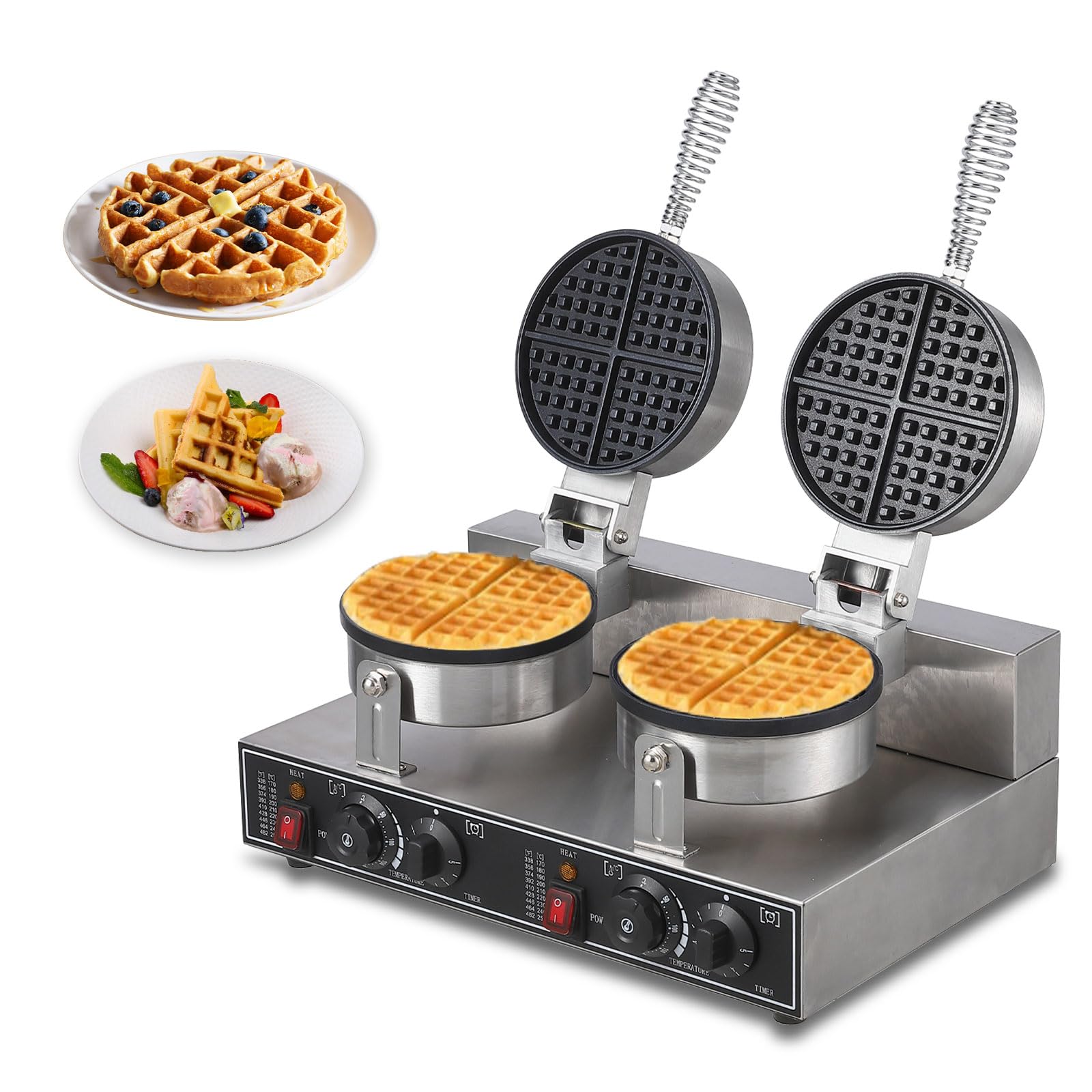 PioneerWorks Commercial Waffle Maker 2600W, Round Waffle Iron, Non-Stick Rotatable Waffle Baker Machine, Stainless Steel Round Commercial Waffle Maker for Restaurant, 50°C-300°C Temp Range, 110V