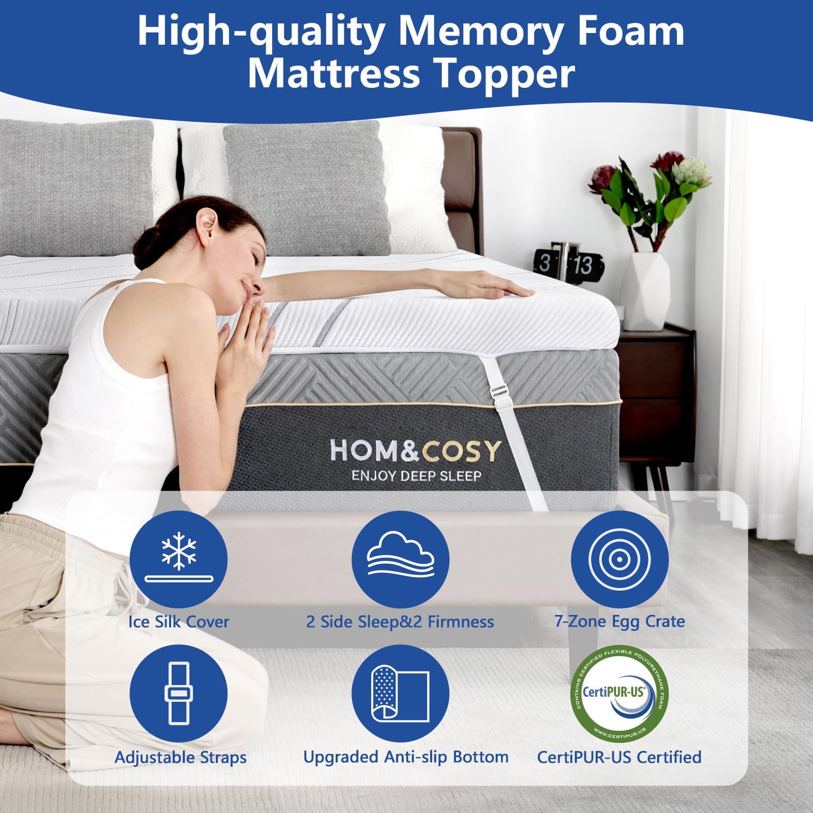 Extra Firm Mattress Topper Queen 4 Inch Egg Crate Mattress with Ice Silk Cover, Premium Cooling Gel+ Bamboo High-Density Memory Foam Mattress Topper, Firm to Extra Firm Mattress Topper for Pain Relief