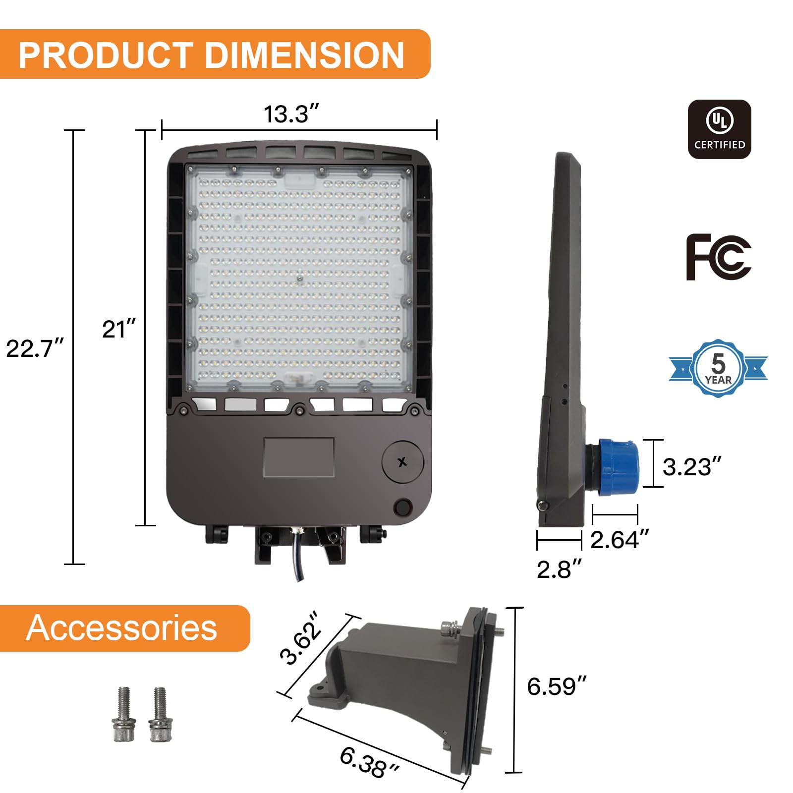 Run Bison LED Parking Lot Light 300W/240W/200W Adjustable, 39000LM 5000K Adjustable Arm Mount LED Street Light with Dusk to Dawn Photocell, 100-277V IP65 Waterproof Shoebox Light for gym-2PK